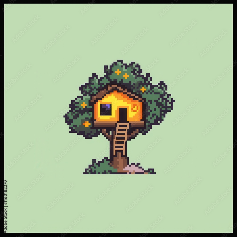 A playful 8-bit pixel art of a glowing pixelated treehouse with tiny ...