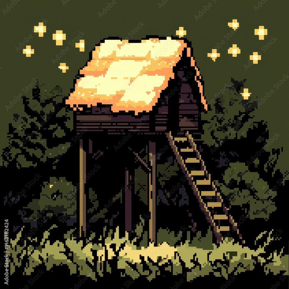 A playful 8-bit pixel art of a glowing pixelated treehouse with tiny ...