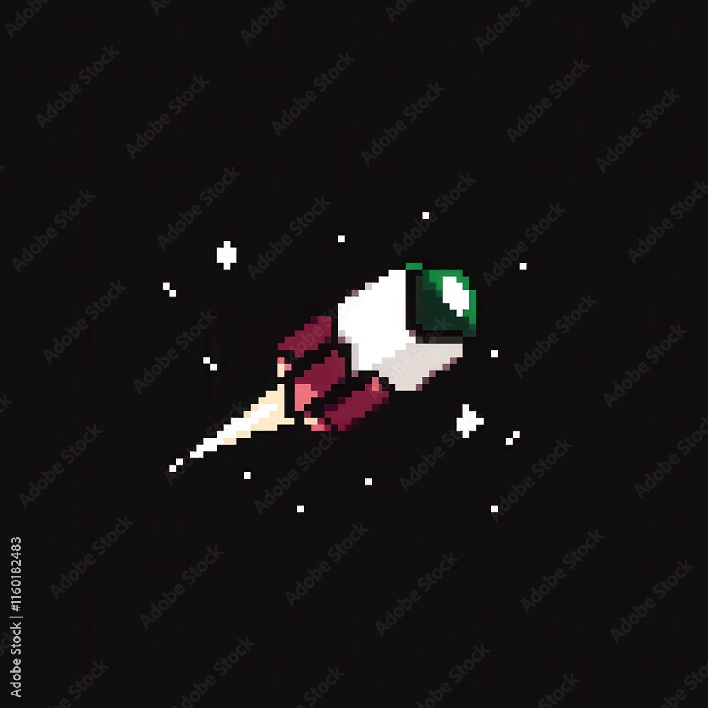 A playful 8-bit pixel art of a tiny spaceship with glowing lights ...