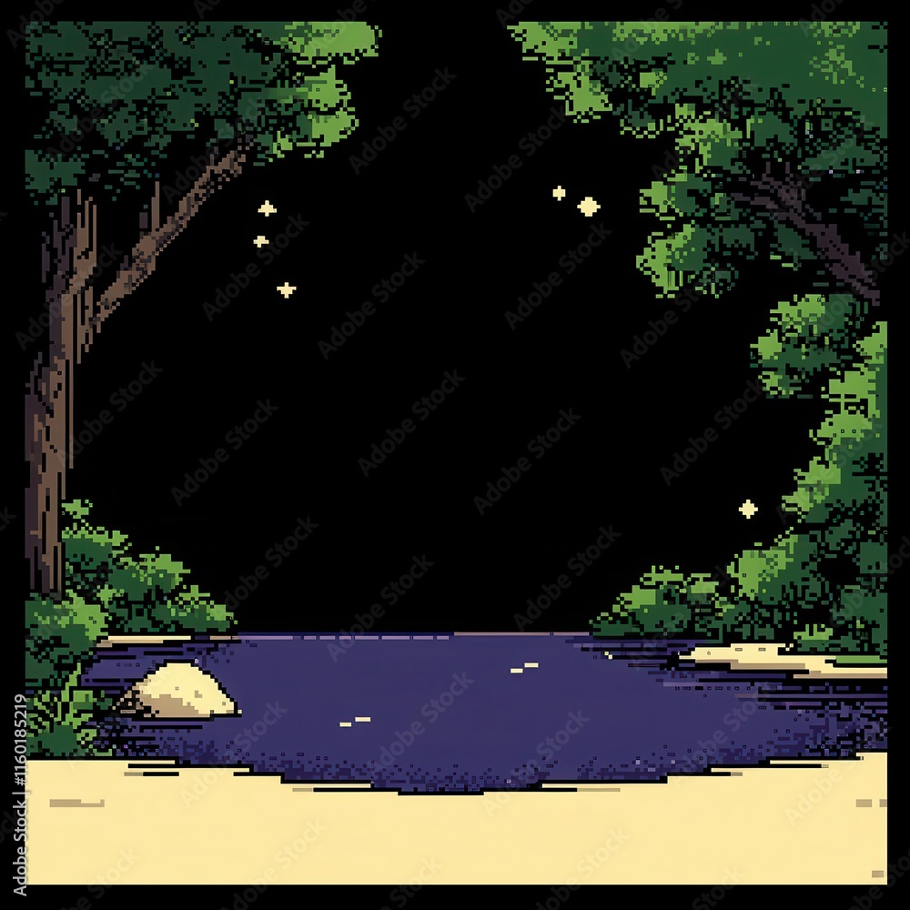 A charming 8-bit pixel art of a glowing pixelated pond with tiny ...