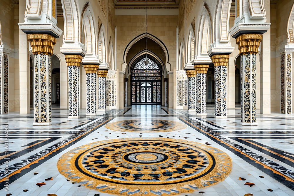 Ornate Islamic Architecture: Corridor with Arches, Columns, and ...