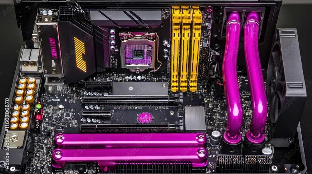 Close-up of a custom-built computer motherboard with vibrant purple ...