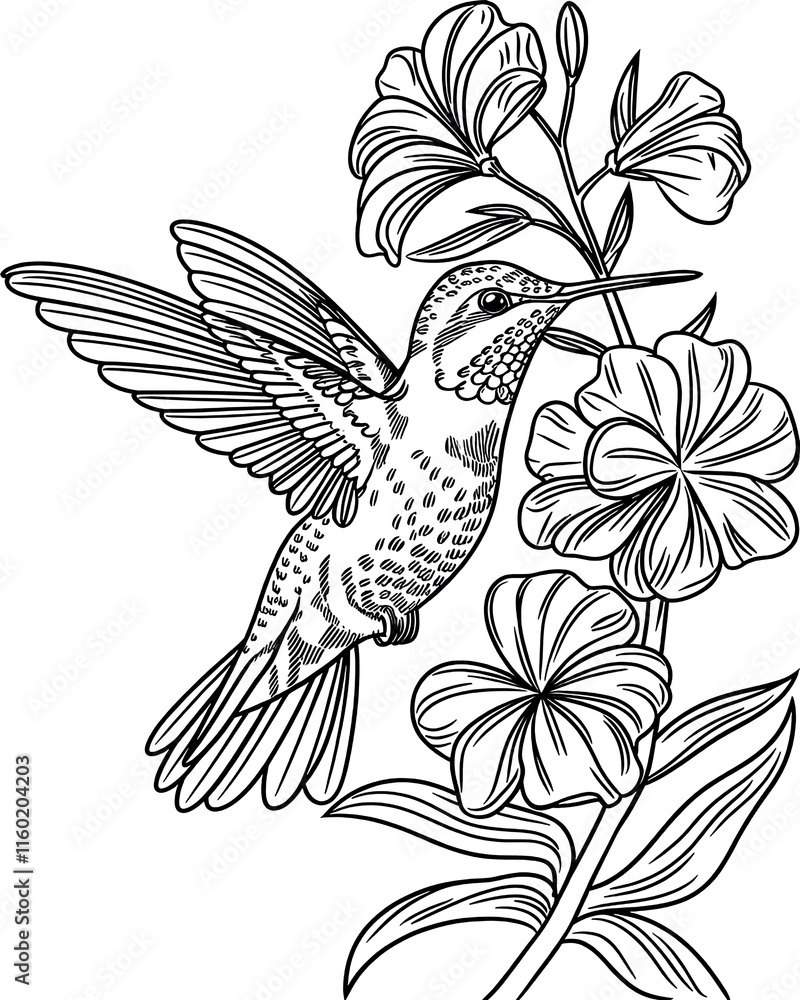 Hummingbird printable coloring page for kids, bird coloring book Stock ...