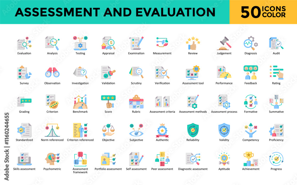 Assessment and Evaluation icon set with evaluation, analysis, testing ...