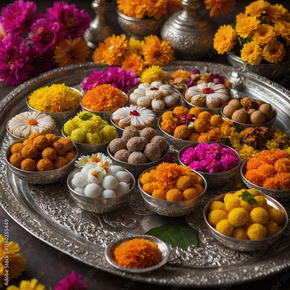 "A vibrant display of Deepavali sweets, featuring an array of colorful ...