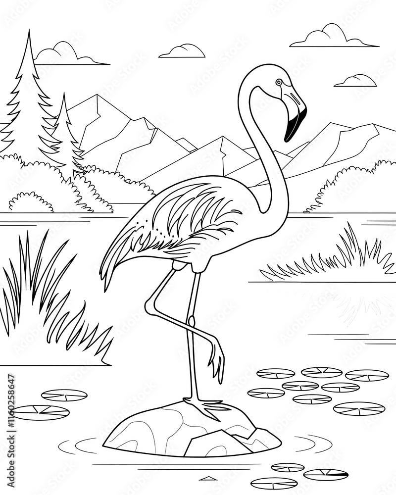 Cute flamingo printable coloring page for kids, animal illustration ...