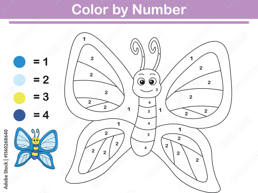 Color by numbers. Coloring page for kids. Coloring with cute butterfly ...