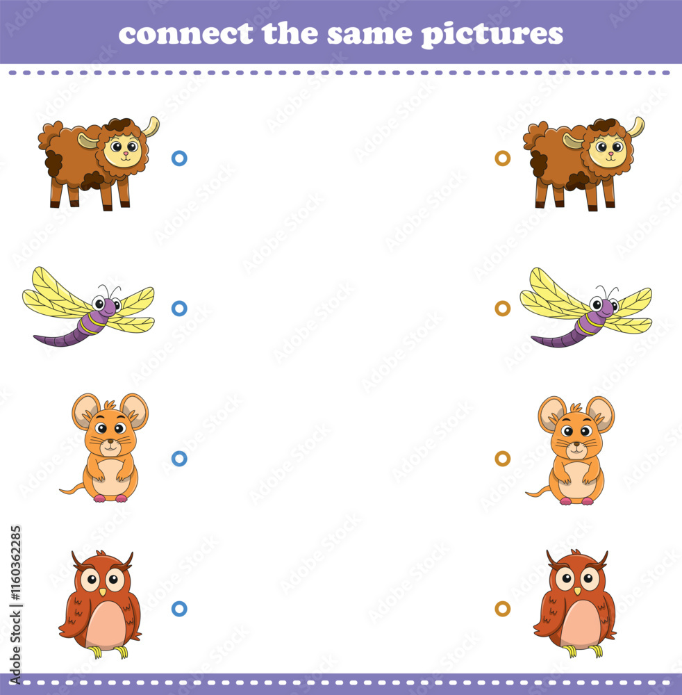 Education game for children connect the same picture of cute cartoon ...