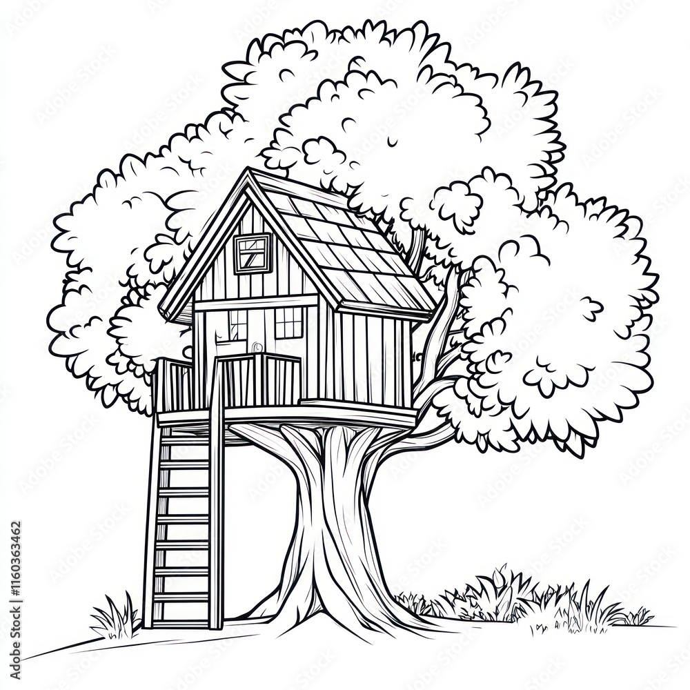 Line drawing of a tree house with ladder, nestled in a large tree ...