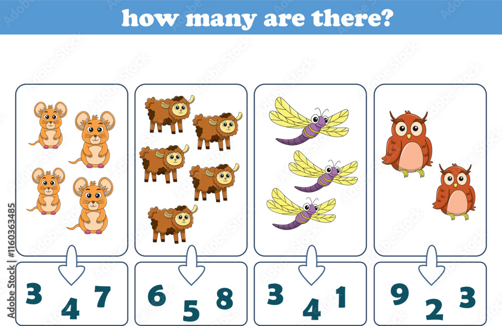 Counting game of wild animals for preschool kids. Printable. Vector ...