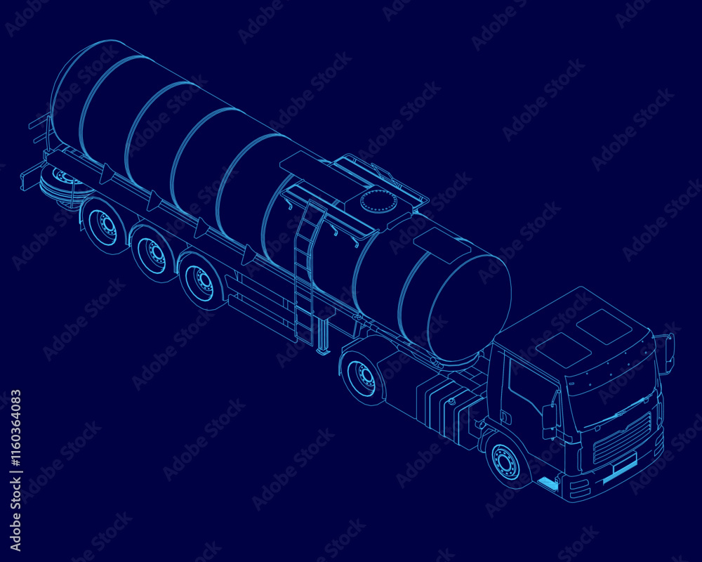 Blue drawing of a large tanker truck. The truck is shown in a 3D format ...