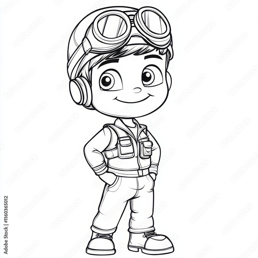 Adventurous Little Pilot: Line art illustration of a cute cartoon boy ...
