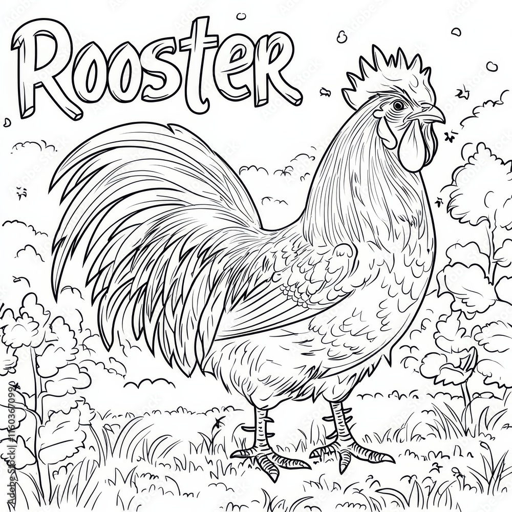 Rooster Coloring Page: A detailed line drawing of a majestic rooster ...