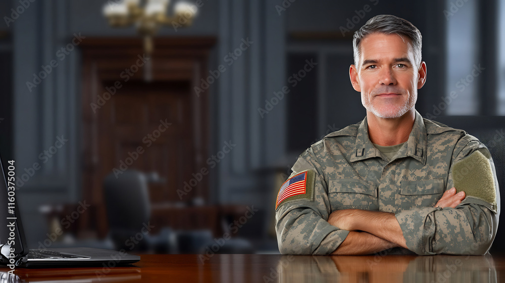 Confident Military Officer Portrait Photo: Calmly Posing at a Mahogany ...