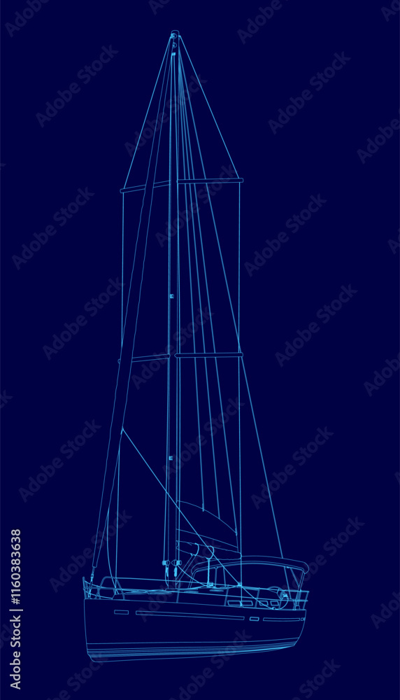 Blue drawing of a sailboat with a blue background. The sailboat is ...
