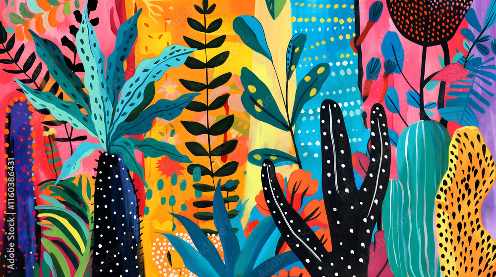 Abstract art painting of a vibrant jungle rainforest with diverse ...