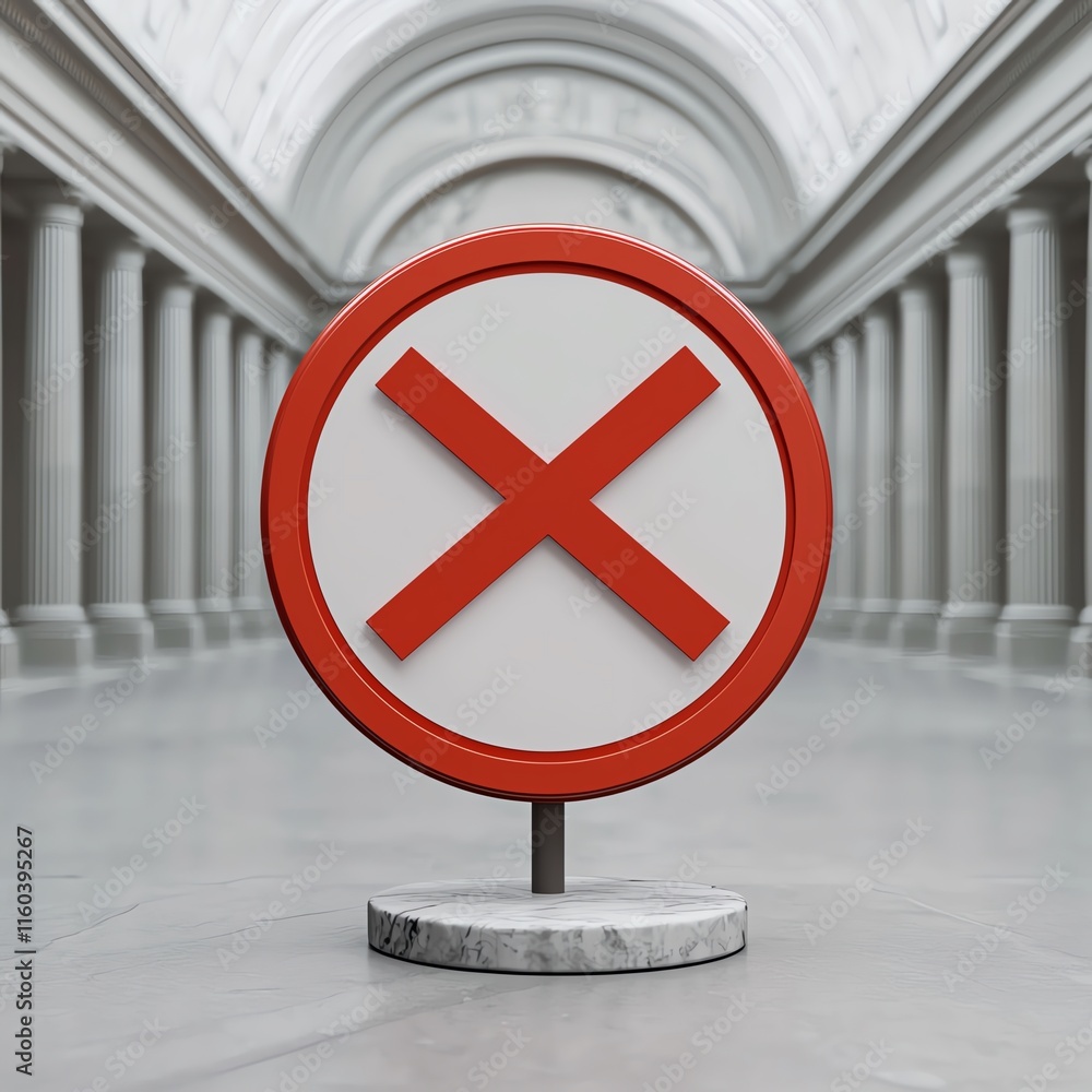 A prominent red stop sign in a classical interior setting, symbolizing ...