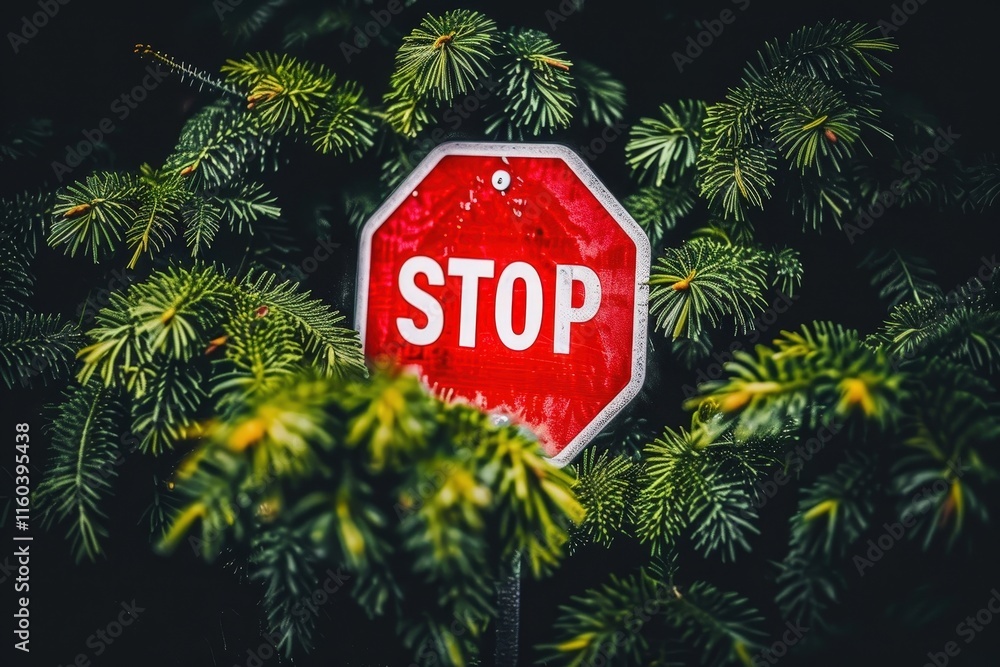 Stop sign surrounded by lush greenery nature scene outdoor close-up ...