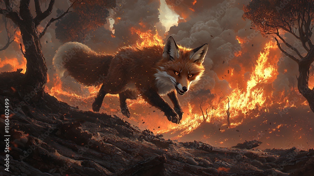 Fiery Fox Escape: A Digital Painting of a Red Fox Leaping Through a ...