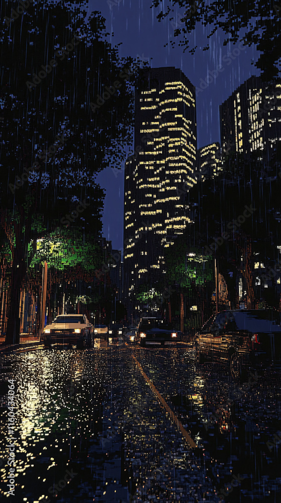 pixel art Nighttime rain Singapore retro 8-bit illustration glowing ...