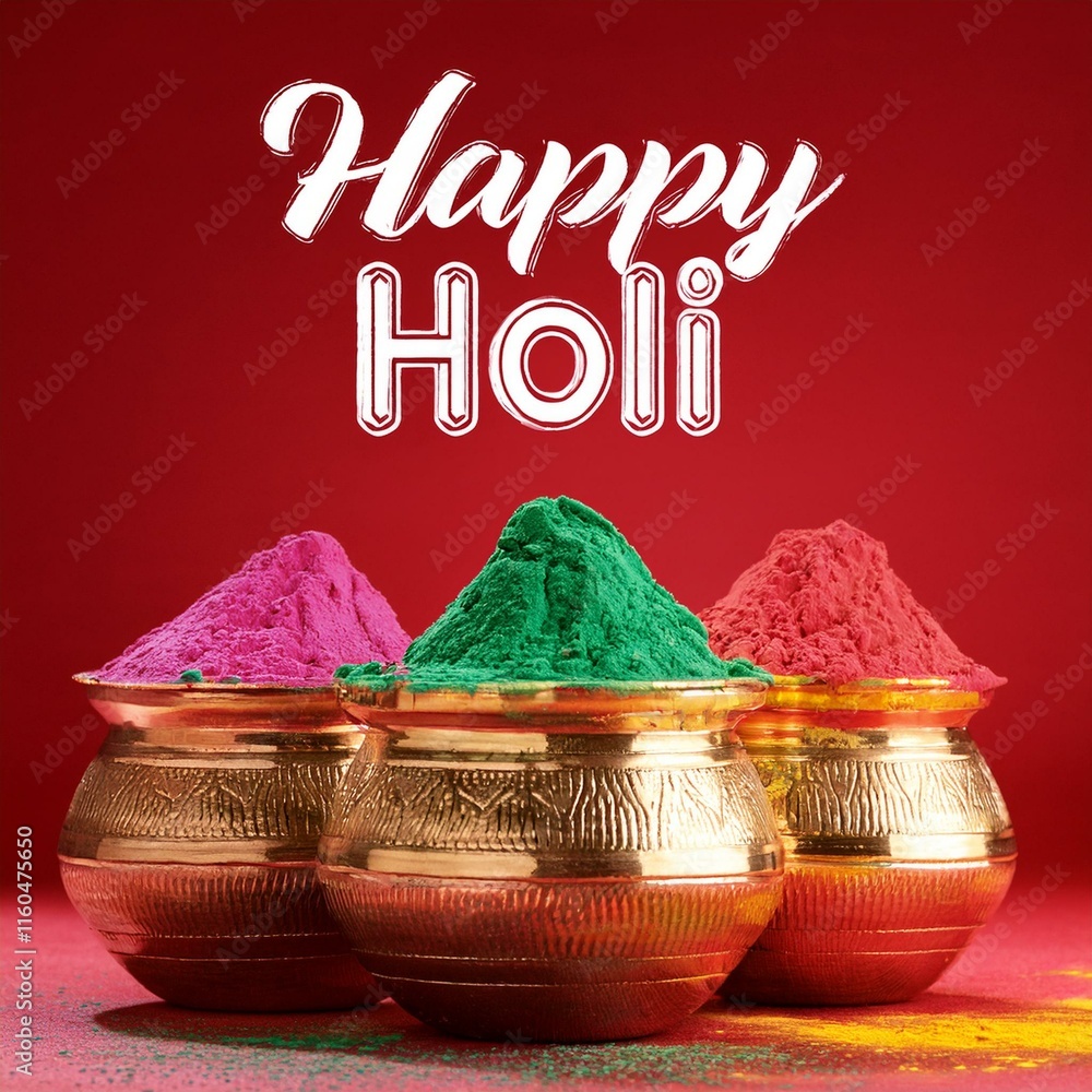 festival of colors, Indian happy holi banner with colors in golden pots ...