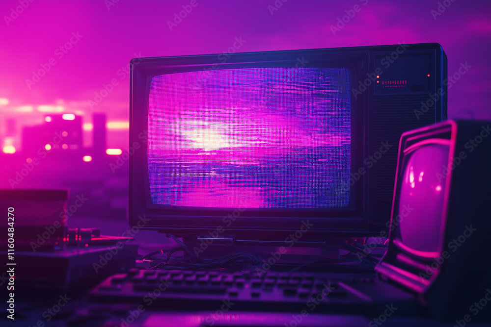 80s Retro wave style background displayed on vintage computer screen ...