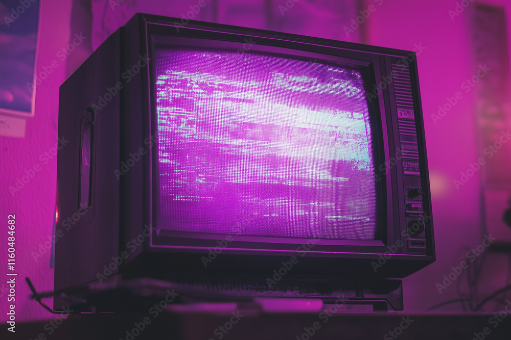 80s Retro wave style background displayed on vintage computer screen ...