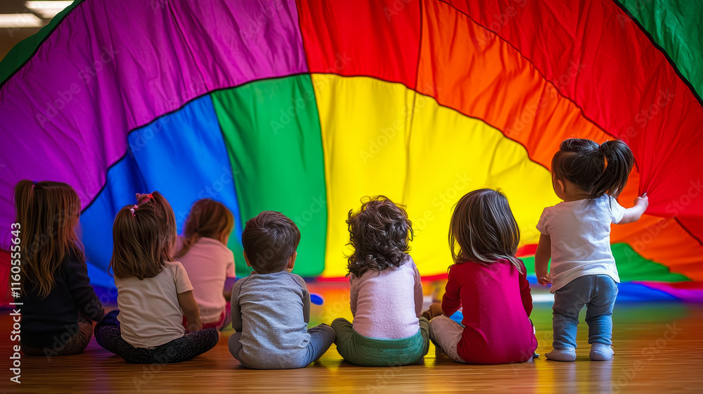 Preschool Children Playing Cat and Mouse with Rainbow Parachute ...