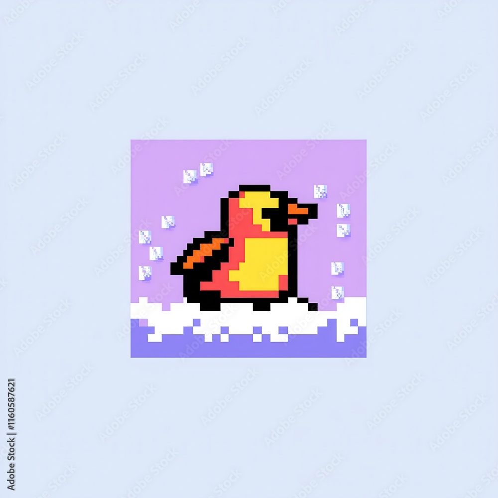 A vibrant 8-bit pixel art of a glowing pixelated penguin sliding on ...