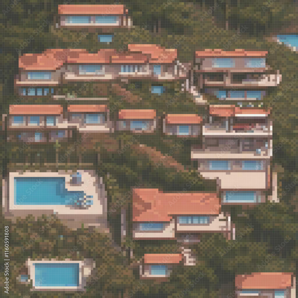 Pixel art image showcases residential area large swimming pool multiple ...