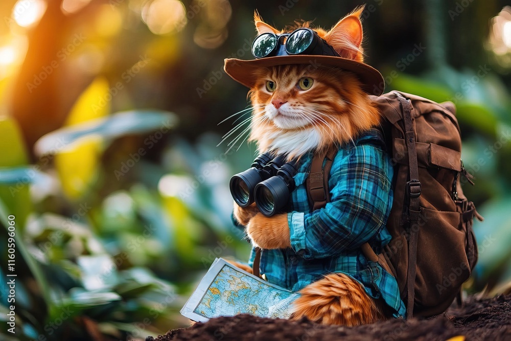 cat rugged explorer outfit with a leather satchel and binoculars ...