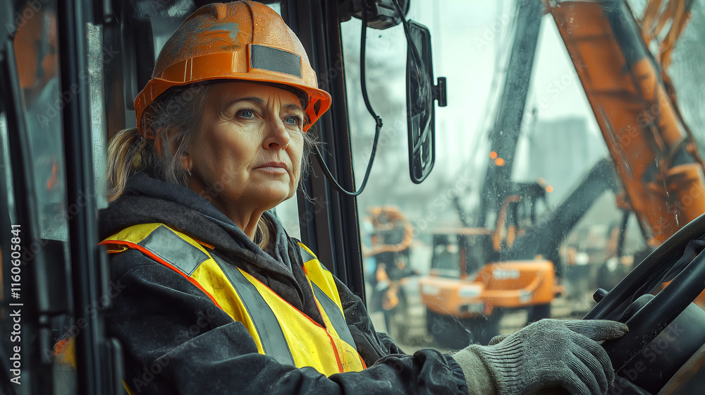 portrait of a middle-aged woman crane operator sitting in a towering ...