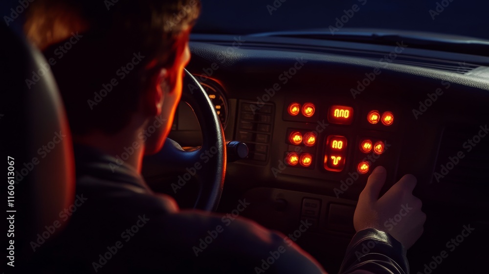 Car with engine warning lights illuminated on a dashboard. Featuring a ...
