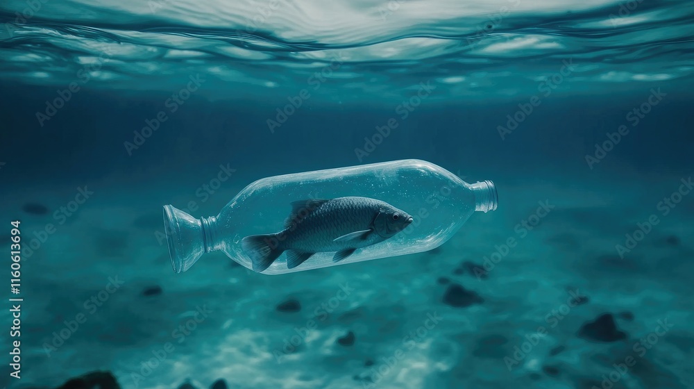 Foto de Stock Plastic bottle floating in the ocean with a fish trapped ...