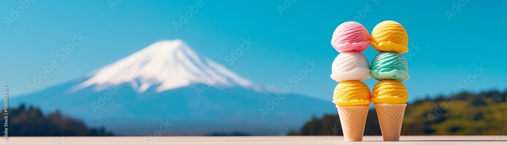 Japanese mochi ice cream in assorted flavors, Mount Fuji in the ...