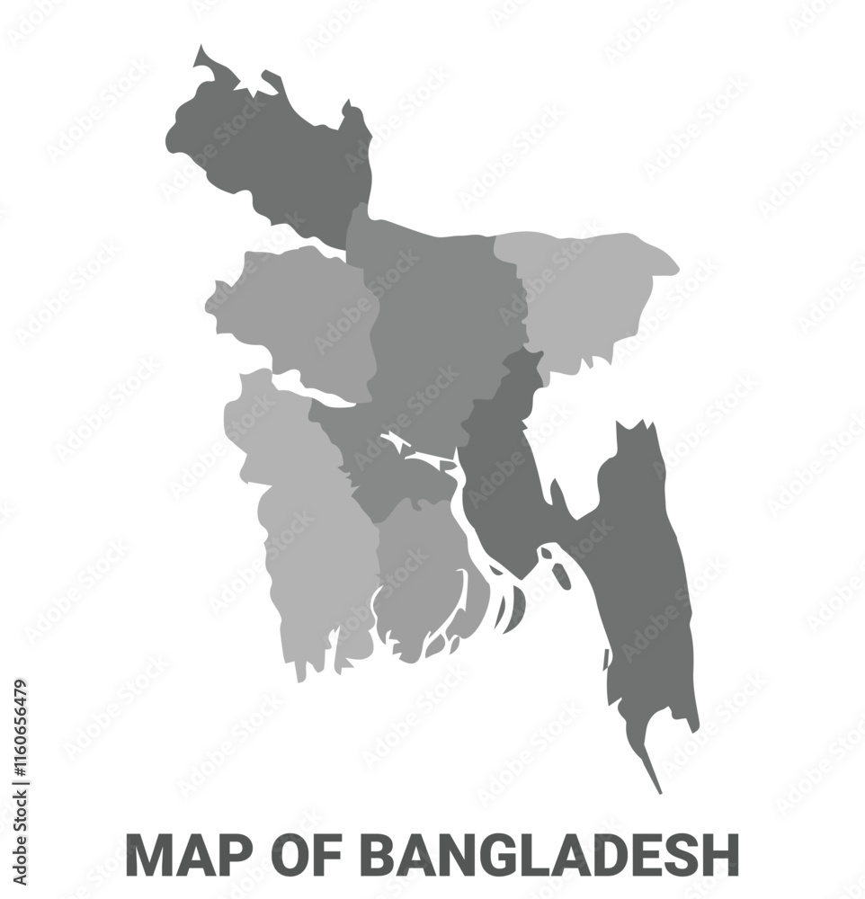 Bangladesh Greyscale political map simple flat illustration Stock ...