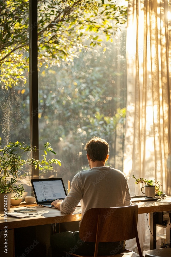 Professional working at a minimalist desk with a laptop, coffee cup ...