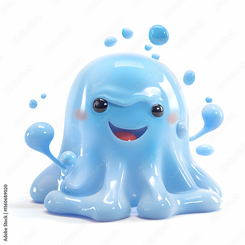 Cute Cartoon Blue Jelly Character with a Joyful Expression and Bubbles ...