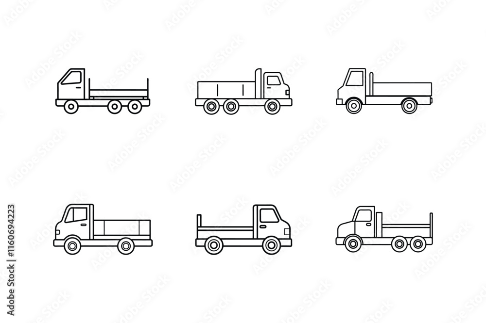 flatbed truck icon line art vector illustration, set of transport icons ...
