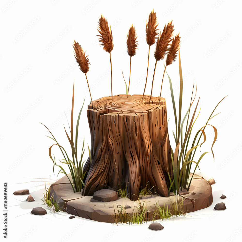 Rustic Tree Stump Surrounded by Grass and Tall Reeds on White ...
