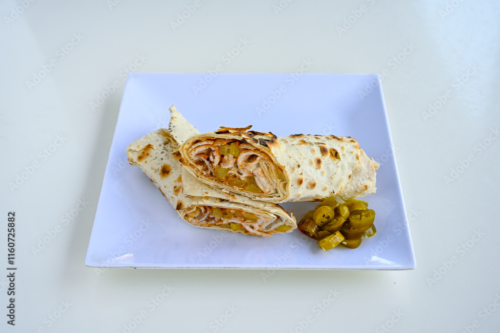 Lavash doner kebab ( soslu kasarli zurna doner durum ) or shawarma ...