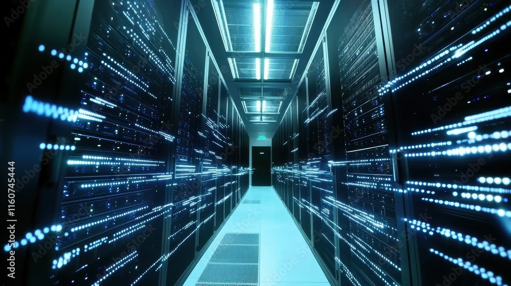 Shot of Corridor in Working Data Center Full of Rack Servers and Supercomputers with Internet ...