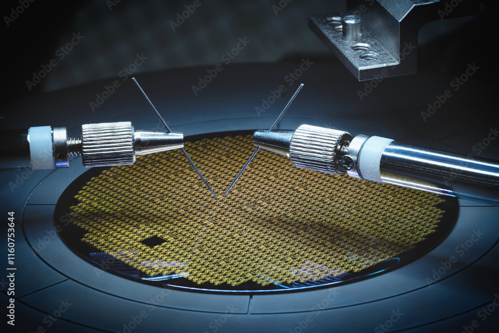 Machine checking silicon wafers in clean room laboratory, close up ...