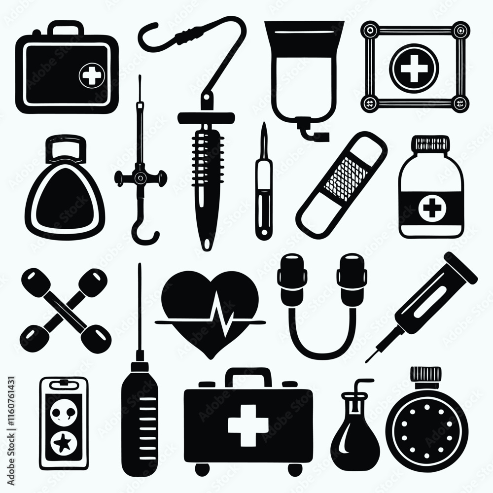 Medical equipment icons, black and white silhouettes, healthcare ...