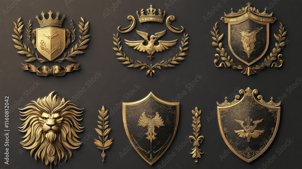 Ilustración de Stock Heraldic lion and eagle shield badges. Medieval ...