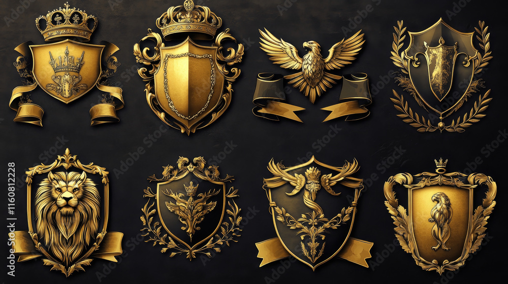 Ilustração do Stock Heraldic lion and eagle shield badges. Medieval ...