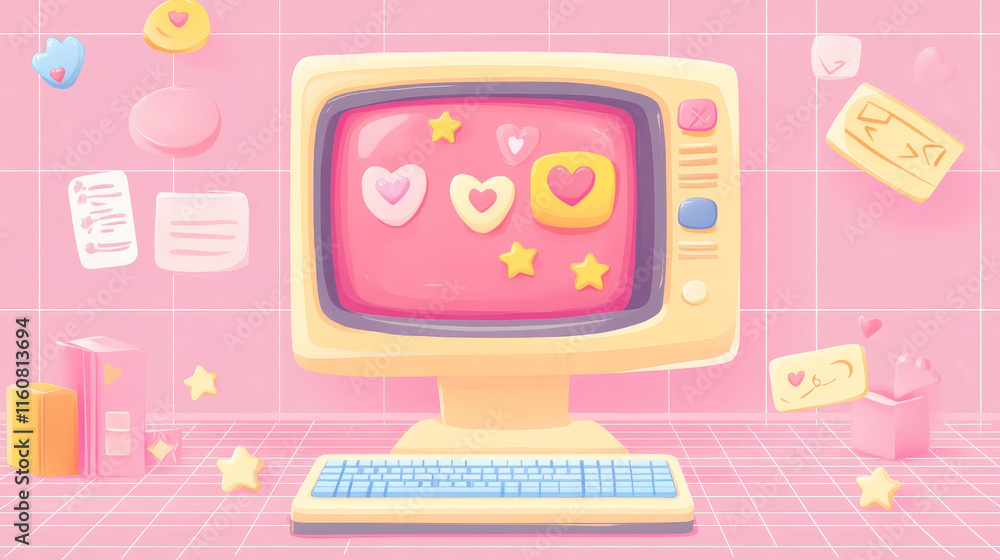 Y2k retro browser window page with computer icons at pink grid ...