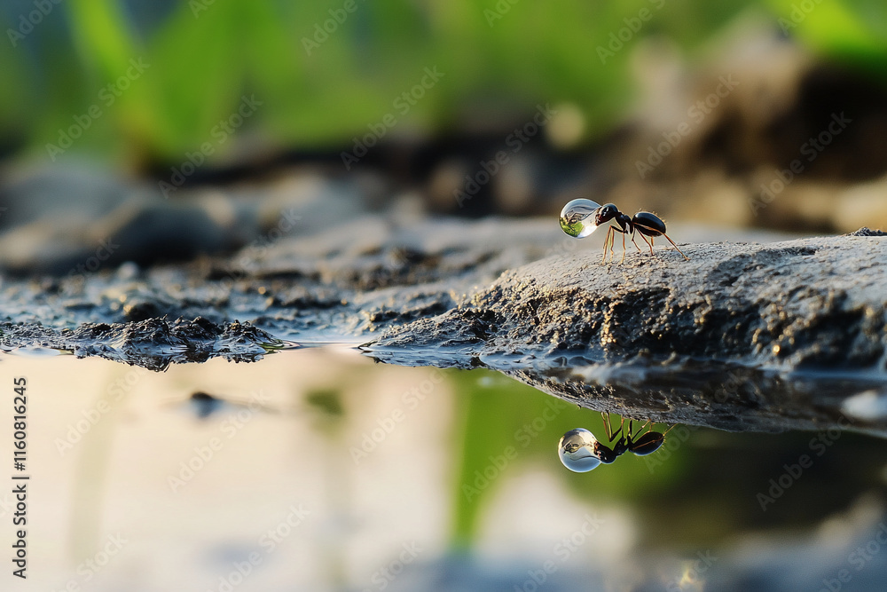 Macro shot of an ant carrying a water droplet with a reflection in a ...