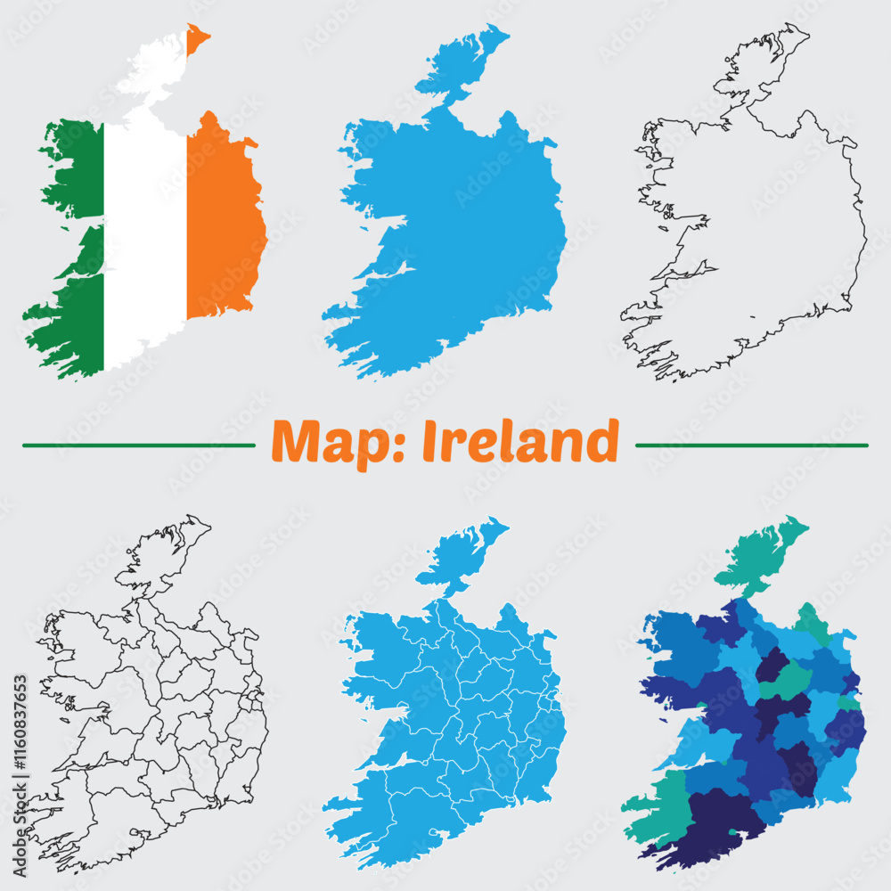 Ireland country map set. internal provinces borders marked, Simple map ...