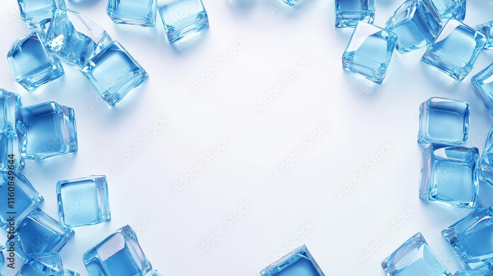 Realistic ice cubes background, crystal ice blocks frame. Isolated 3d vector border of blue ...